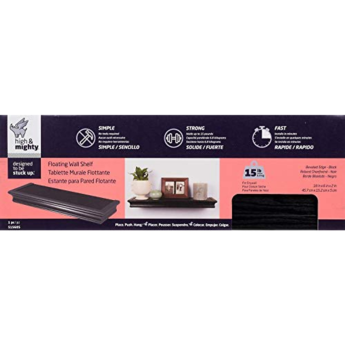 HIGH & MIGHTY 515605 Decorative 18" Floating Shelf Holds up to 15lbs, Easy Tool-Free Dry Wall Installation, Beveled, Retail Packaging, Black