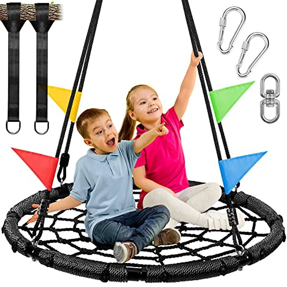 Odoland Spider Web Tree Swing, Outdoor Saucer Net Swing, 900D Oxford Platform Swing for Kids Adult, Backyard Round Flying Swing with Hanging Ropes Straps and Turnbuckle 30in Black
