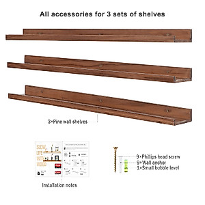 AZSKY 36 in Floating Book Shelves Rustic Wood Wall Picture Ledge Shelf for Storage Light Walnut Wall Mounted Picture Photo Display Shelf a Set of 3 Hanging Book Shelf