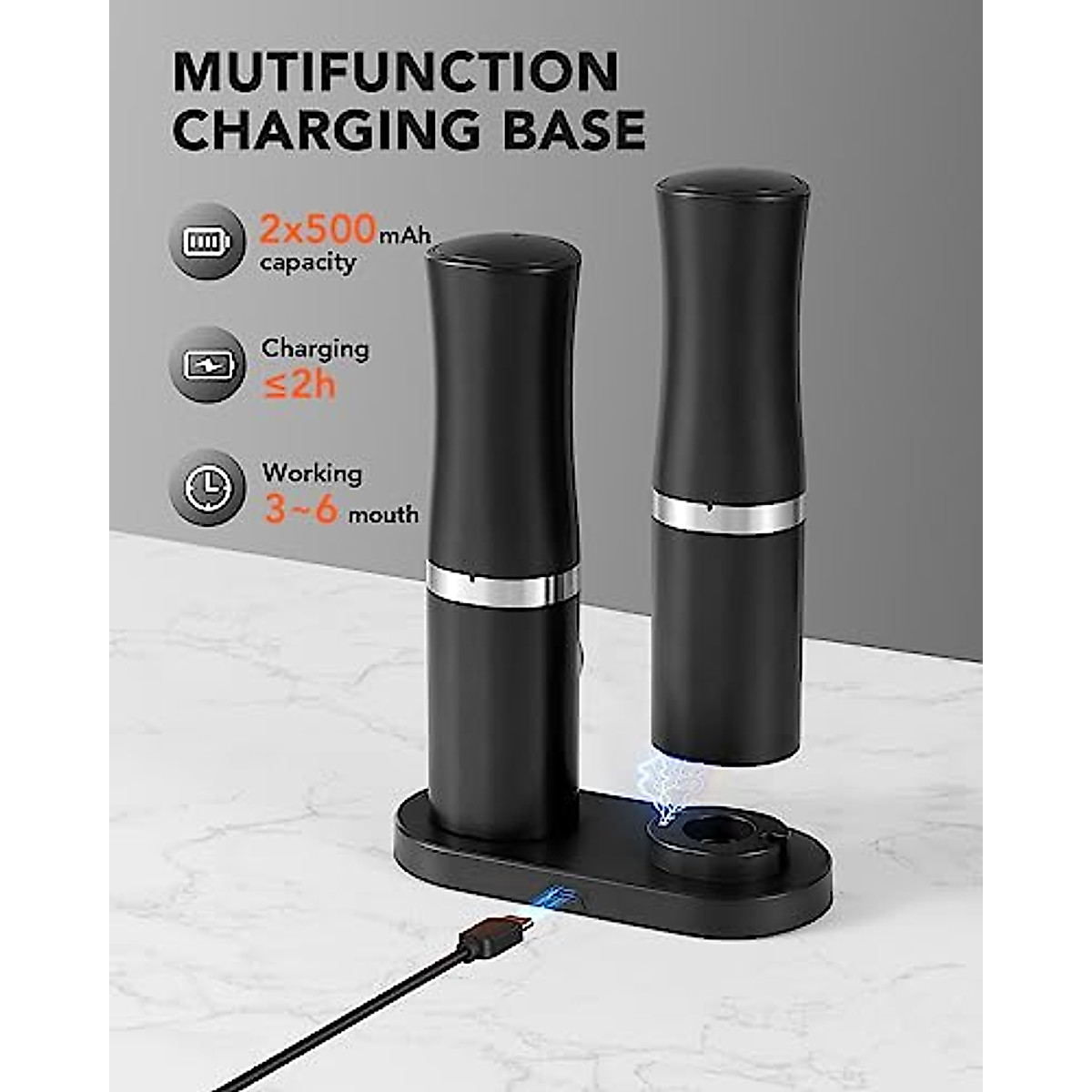 FORLIM Rechargeable Salt and Pepper Grinder Set with USB Base, Automatic Electric Pepper Mill, Adjustable Coarseness, with White LED Light, High Speed Grinding, One Hand Operation, 2 Mills