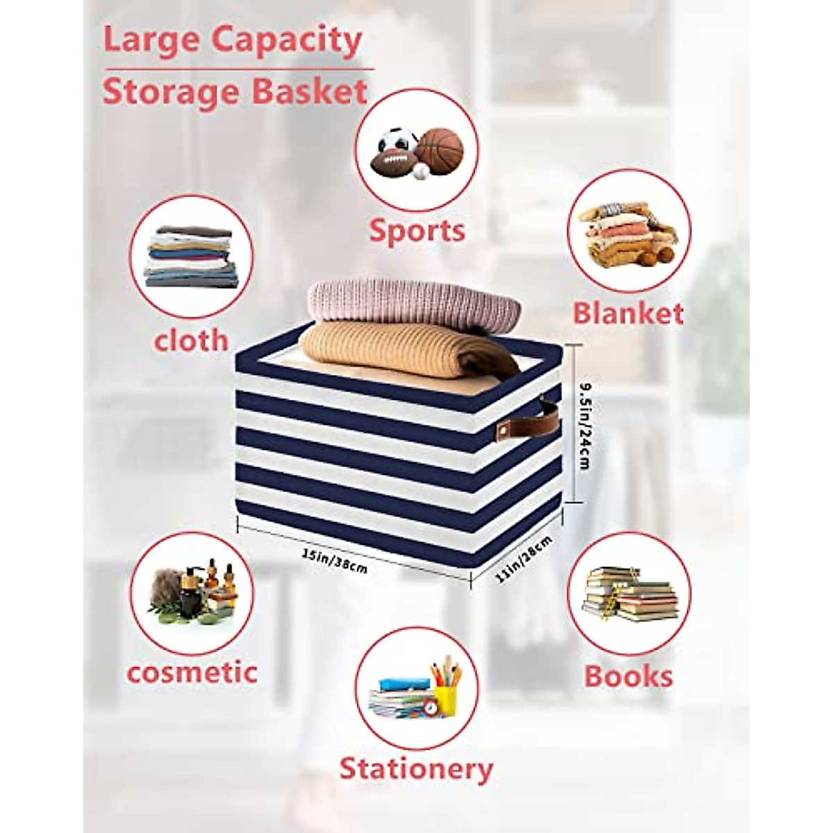 Large Storage Baskets Bins 2 Pack Navy Blue White Striped Farmhouse Collapsible Storage Box Laundry Organizer for Closet Shelf Nursery Kids Bedroom Rustic Geometric