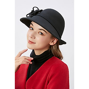 BABEYOND Womens 1920s Bucket Cloche Hat Gatsby Winter Wool Crushable Bowler Hat Vintage Cloche Round Hat with Flower Accent (Black)