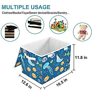 CaTaKu Blue Sea Fish Storage Bins with Lids and Handles, Fabric Large Storage Container Cube Basket with Lid Decorative Storage Boxes for Organizing Clothes