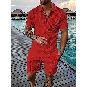 BIRW L Red Mens Short Sets 2 Piece Outfits Fashion Summer Tracksuits Casual Set Polo Shirt Short Sleeve and Shorts Set