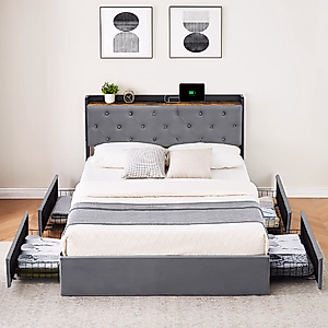 Amyove Queen Bed Frame with 4 Storage Drawers and Charging Station,Grey Queen Upholstered Bed Frame with Storage Headboard No Box Spring Needed Noise-Free (Queen)