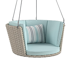 Novogratz Poolside Gossip Collection, Sally Patio Swing, Aqua Haze Cushions, Light Taupe Wicker