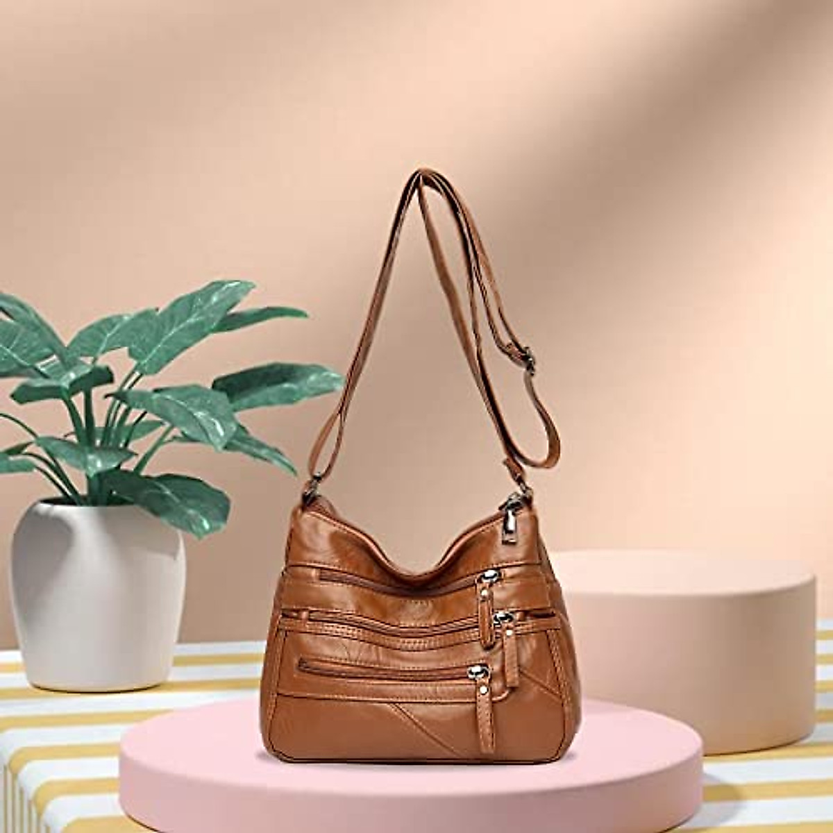 harayaa Retro Crossbody Bag for Women Shoulder Bag Soft PU Leather Handbags Purses multiple pocket Tote Bag, Brown