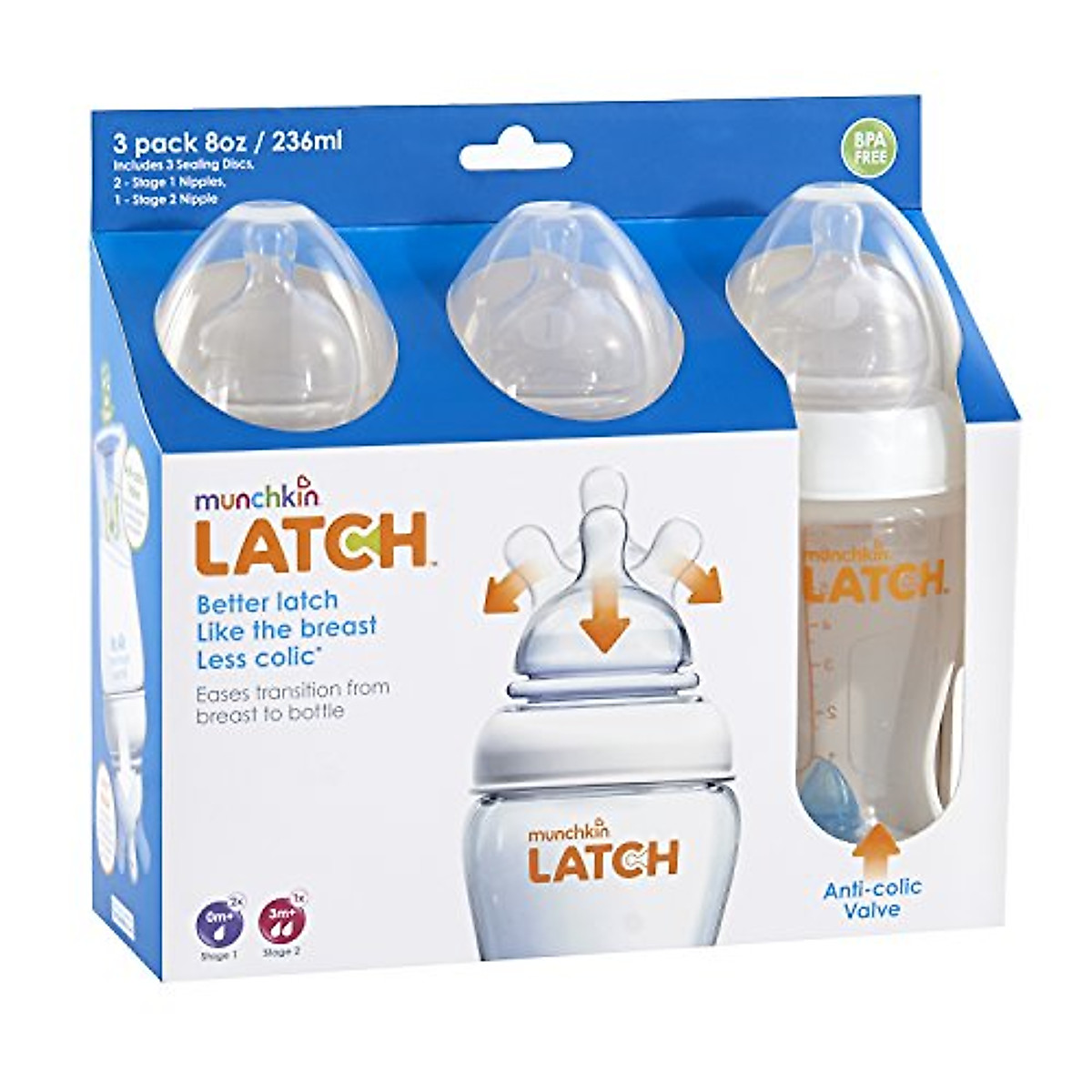Munchkin® Latch™ Anti-Colic Baby Bottle with Ultra Flexible Breast-like Nipple, BPA Free, 8 Ounce, 3 Pack