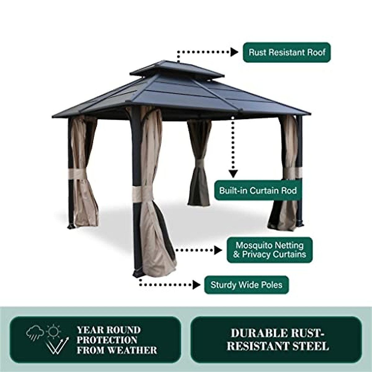 ADUH 12 Ft. W X 14 Ft. D Metal Black 2-Tier Double Roof Patio Gazebo with Curtains and Netting (Color : D, Size : 12 Ft. W X 14 Ft)