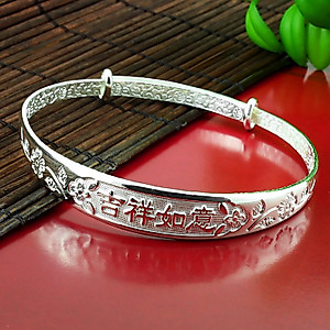 Merdia Women's 999 Solid Sterling Silver Chinese Style Luck Adjustable Bangle Bracelet for Women, Ladies and Elder | Lucky Jewelry for Women | Sterling Silver Bangle