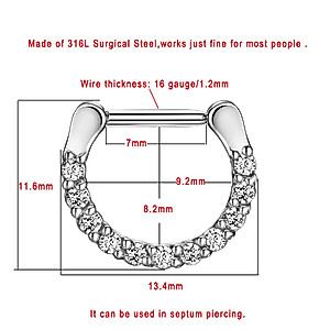FANSING Surgical Steel Cubic Zirconia Set Septum Clicker Silver Septum Piercing Rings 16g Septum Jewelry Septum Ring Hoop
