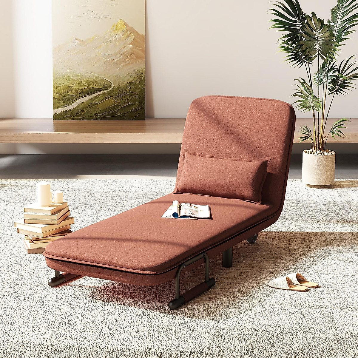 Giantex Convertible Sofa Bed, 3-in-1 Folding Sleeper Chair with 5-Position Adjustable Backrest, Wheels, 2 Legs, Recliner Chaise Lounge with Pillow, Armchairs for Nursery Living Room Office (Brown)