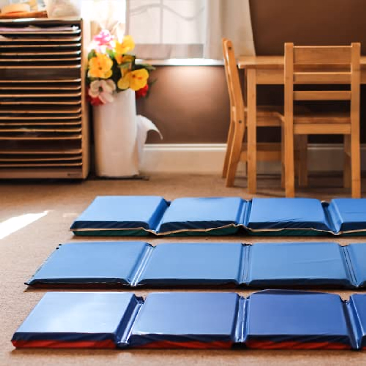 KinderMat, 1" Thick, 4-Section Rest Mat, 45" x 19" x 1", Red/Blue with Grey Binding, Great for School, Daycare, Travel, and Home, Made in The USA