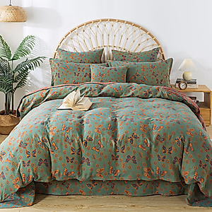 FADFAY Shabby Butterfly Duvet Cover Queen Vintage Farmhouse Green Red Floral Bedding Super Soft Washed Double -Layer Muslin 100% Cotton Comforter Cover with Hidden Zipper Closure 3Pcs, Queen Size