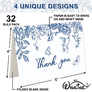 Whaline 32 Packs Floral Thank You Cards Blue White Chinoiserie Flower Greeting Cards Blank Note Cards with Envelopes and Stickers for Wedding Birthday Bridal Shower, 4 x 6 Inch