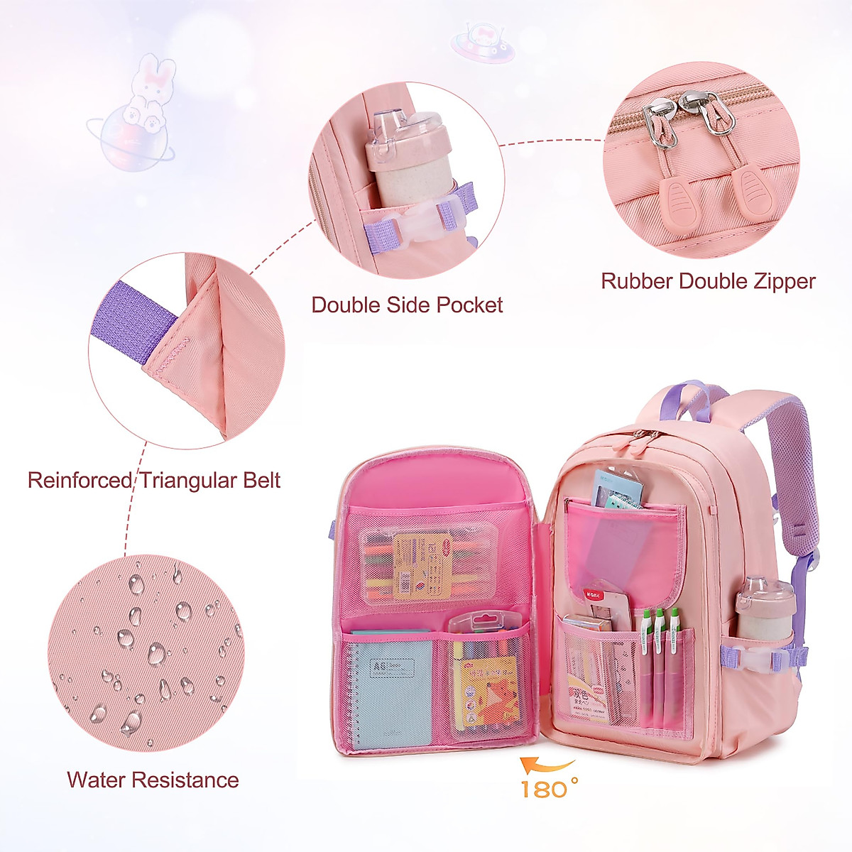 FIXITOK Girls Backpack Set, 3PCS Kids Backpack for Girls, Kawaii Bunny School Backpacks for Girls Kindergarten Elementary Preschool Middle School Bags with Lunch Box Pencil Case Pink