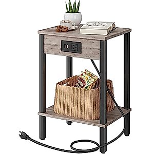 VIMBER Beside Table with Charging Station, Narrow Side Table with USB Ports and Outlets, Nightstands with 2-Tier Storage Shelves, End Table for Small Space Living Room Bedroom, Greige