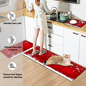 Lnond Anti Fatigue Kitchen Floor Mat, Kitchen Mat Sets 3 Piece with Dish Drying Mat, Non Skid Waterproof Washable Cushioned Floor Mats for kichen Room Home Office Sink (Red Christmas Snowflakes)