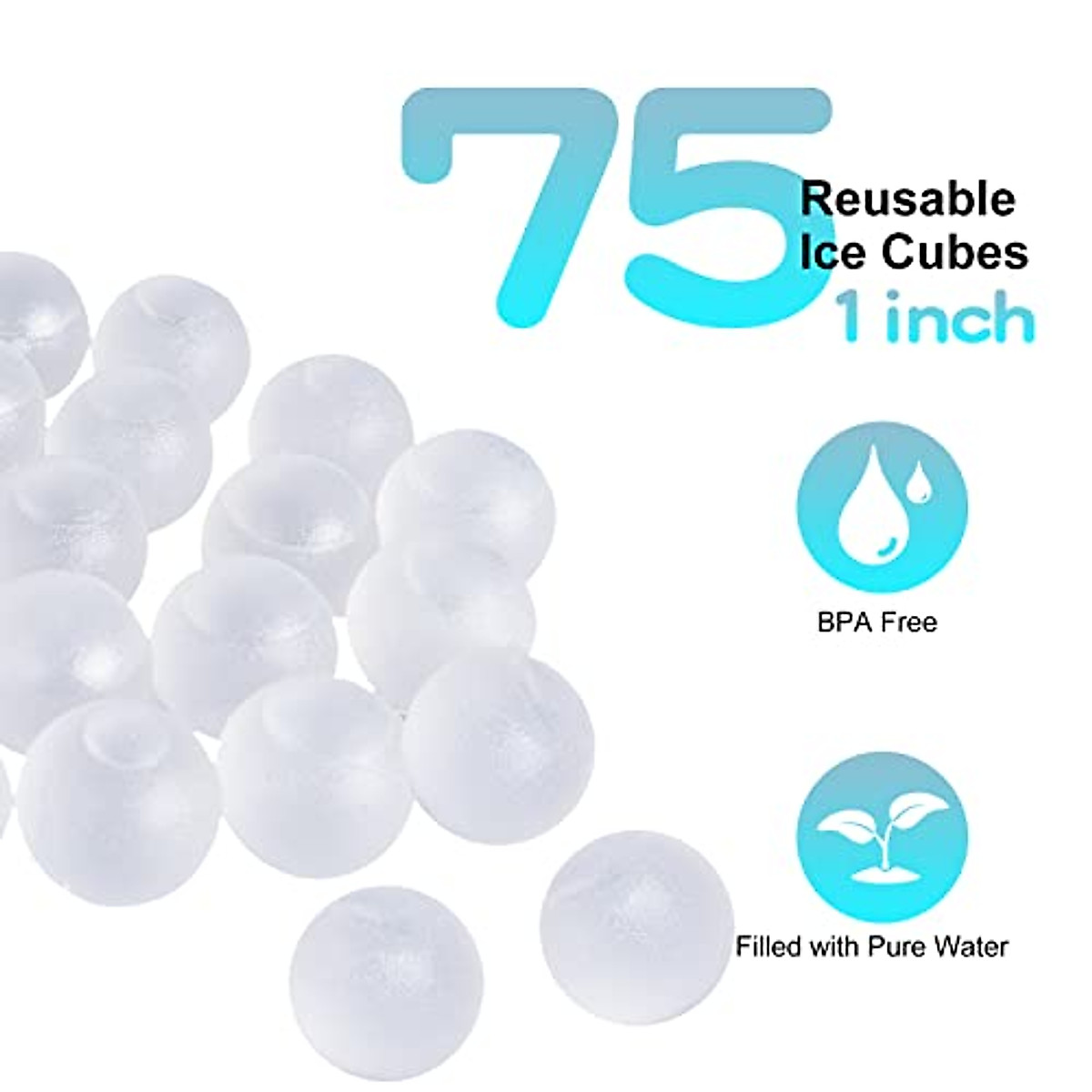 Tngan Reusable Ice Cube, 75 Pack Plastic Round Ice Cube for Drinks Refreezable BPA Free, Washable Permanent Ice Ball for Cocktails, Whiskey, Wine, Coffee Non-Melting (Transparent)