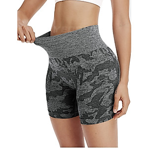 YEOREO Women Seamless Camo Shorts High Waisted Gym Yoga Workout Black L