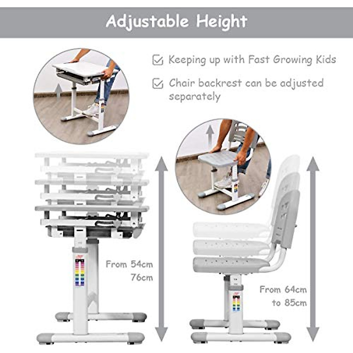 Diroan Kids Multifunctional Desk and Chair Set, Height Adjustable Children School Study Desk with Large Tilt Desktop, Metal Hook and Storage Drawer for Boys Girls, Grey