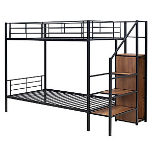 Metal Twin Over Twin Bunk Bed with Lateral Storage Ladder and Wardrobe,for Kids Teens Adults Bedroom Use (Black@Wardrobe-, Twin Over Twin)