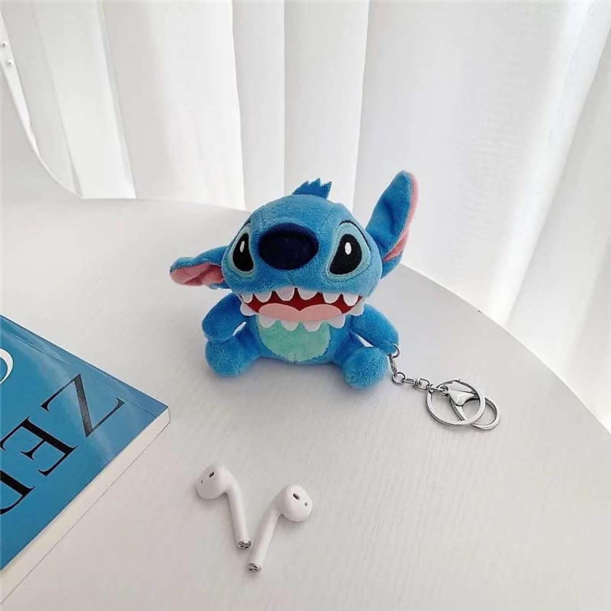 AirPods Case Soft TPU Fluffy Plush Blue Stitch Cover with Keychain Hook for Apple AirPods1 AirPods2 1 2 1st 2nd Generation 3D Cartoon Disney Disneyland Cute Lovely Warm Christmas Kids Girls