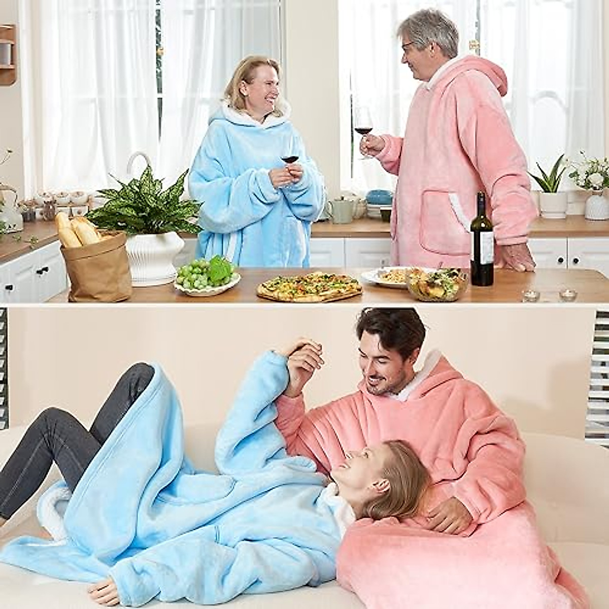 EHEYCIGA Wearable Blanket Hoodie with Pockets and Sleeves, Flannel Fleece Hooded Blanket for Women Men Adults and Kids, Pink, Extended Oversize