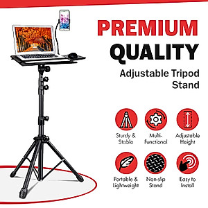 WTC Projector Stand, Laptop Tripod Stand Adjustable Height 22.5 inch to 63 inch with Gooseneck Phone Holder with Mouse Tray, Portable Projector Stand Tripod for Outdoor Movies- DJ Racks Holder Mount