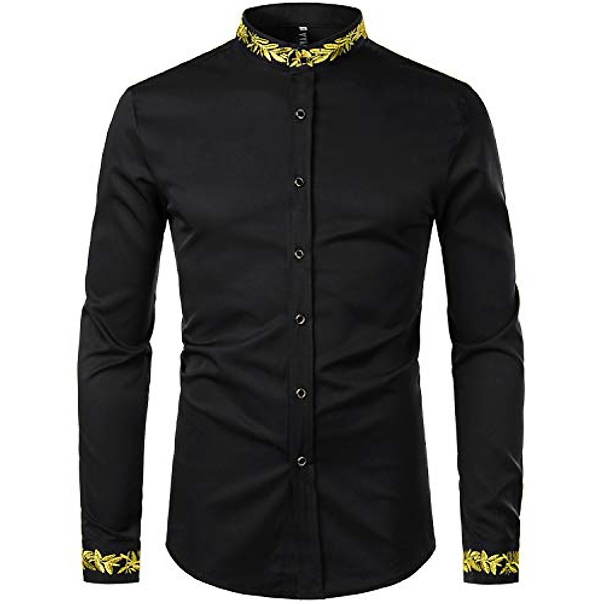 ZEROYAA Men's Luxury Gold Embroidery Design Slim Fit Long Sleeve Button Up Dress Shirts ZHCL44-Black Large