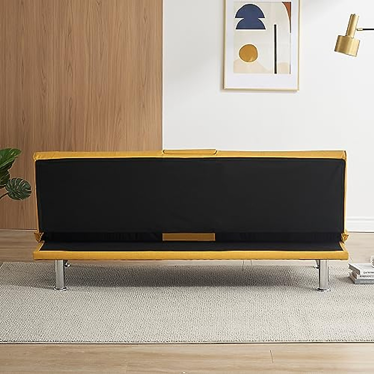 ME2 67" Sleeper Sofa Faux Leather Futon Sofa Bed w/Removable Armrests & Cupholders, Convertible Upholstered Folding Loveseat Folding Daybed Guest Sofa Bed for Living Room,Apartment,Dorm,Yellow