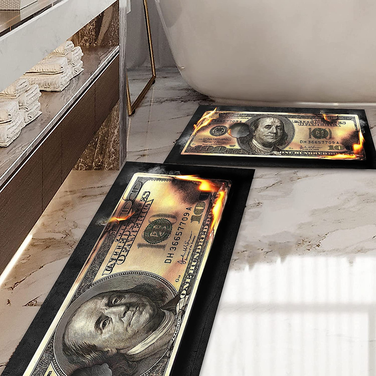 DVKKHD Money Kitchen Rugs Washable Burning 100 Dollar Bill Bathroom Rug Set 2 Piece Modern Kitchen Mats for Floor Non Skid Entryway Rug for Bedroom Home Decor Carpet Runner 17.7”x29.5”+17.7”x59”
