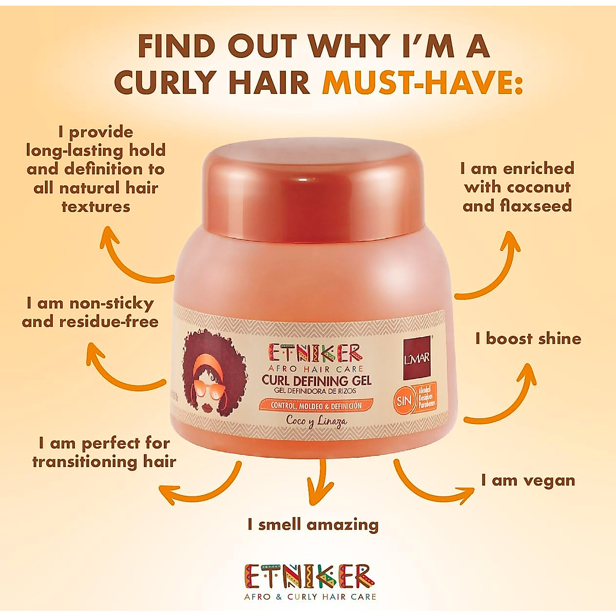 ETNIKER Curl Defining Gel | Afro-textured, Curly & Wavy hair | Control, Sculpting & Definition | Coconut & Flaxseed | NO alcohol, NO parabens, NO residue | by L’MAR | Size: 10.5 oz (300g)