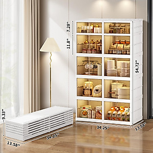 EHAMILY Pantry Cabinet Plastic Foldable with Doors Clear Collapsible Storage Cabinet with Wheels Large Folding Stackable Closet Storage 5-Tier 10Grids Easy Assemble