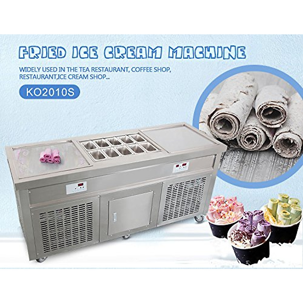 Kolice ETL commercial double square pans fried ice cream machine, frozen yogurt cubes making machine, roll ice cream machine with 10 pcs of refrigerated buckets, 21x21 inches big pan. Auto defrost