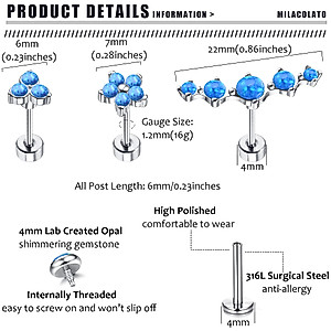 MILACOLATO 6 Pcs 16G Opal Cartilage Earrings for Women 316L Surgical Steel Daith Conch Medusa Cartilage Piercing Jewelry Helix Tragus Stud Earrings Forward Helix Piercing Jewelry, Blue Opal