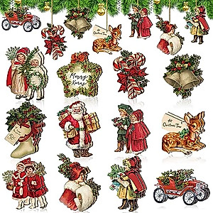 24 Pcs Christmas Wood Ornaments Vintage Christmas Decorations for Tree Xmas Santa Claus Bell Candy Cane Wood Cutout Winter Hanging Tag Sign Christmas Decor for Christmas Tree Party Holiday