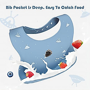 Little Dimsum Silicone Baby Bibs Soft Comfortable Baby Food Bibs Waterproof Feeding Bibs Toddlers Adjustable Silicone Bibs Baby with Food Catcher Easy Wipes Clean,Glatic&spaceship