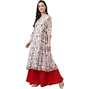 Janasya Indian Women's White Chiffon Lurex Floral Printed flared Kurta