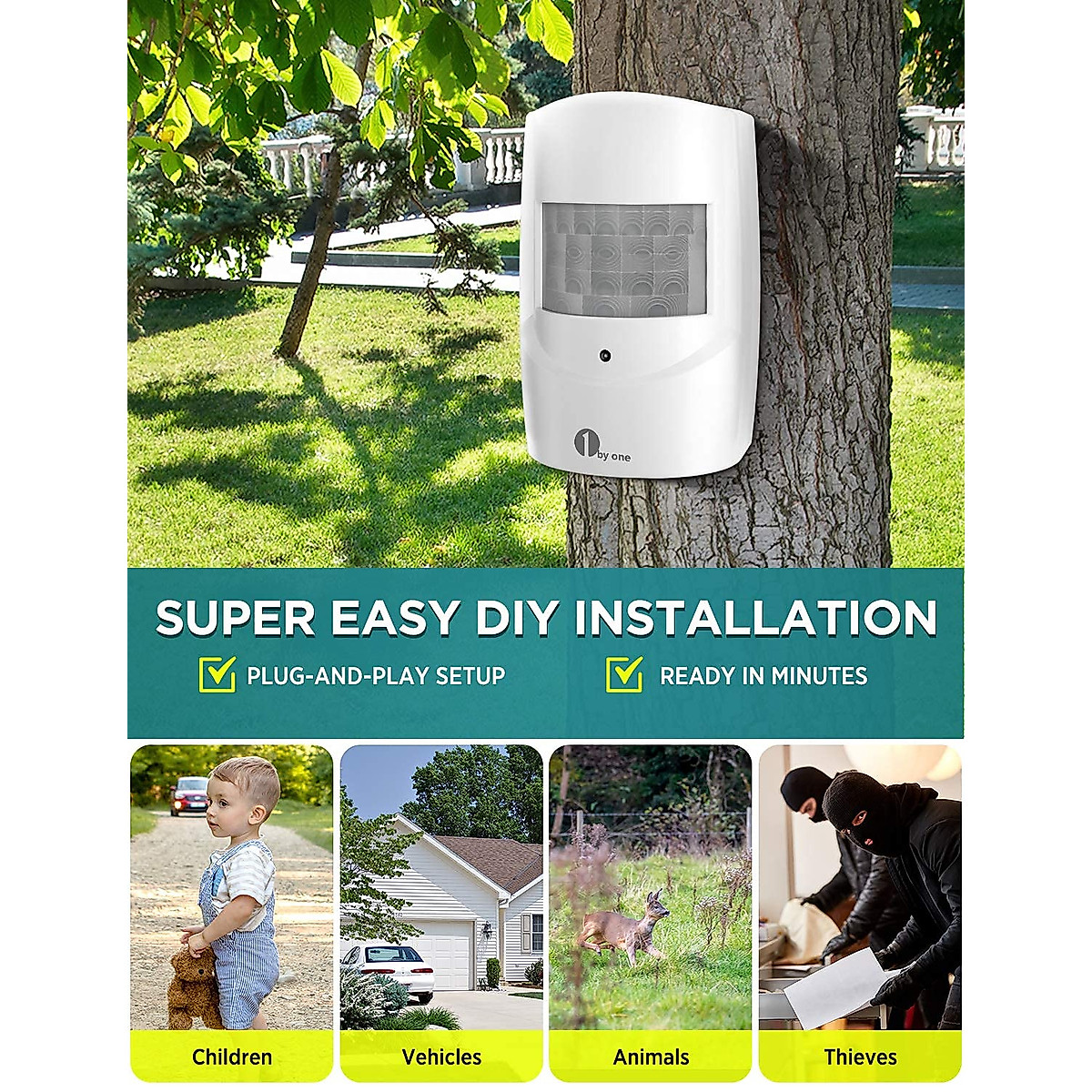 1byone Driveway Alarm, Home Security Alert System with 36 Melodies, 1 Plug-in Receiver and 1 Weatherproof PIR Motion Detector, 1000ft Wireless Transmission Range and 24ft PIR Detection Range