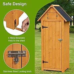 GarveeLife Outdoor Wood Storage Shed Cabinet, Wooden Garden Tool Sheds, Outside Vertical Organizer with Floor, Waterproof Roof, 3 Shelves, 4 Hooks and Lockable Door for Patio Hallway Backyard, Natural