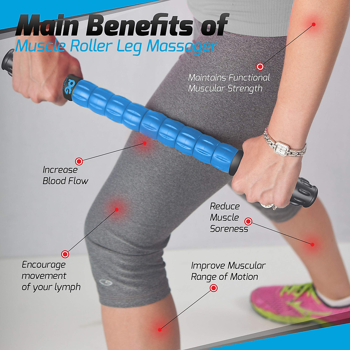 Massage Roller Stick Pro - Best Body Roller for Muscles Deep Tissue, Sore Calf, Cramps, Back Tightness, Knots, Myofascial Release Physical Therapy, Recovery - Muscle Roller Stick for Athletes (Blue)