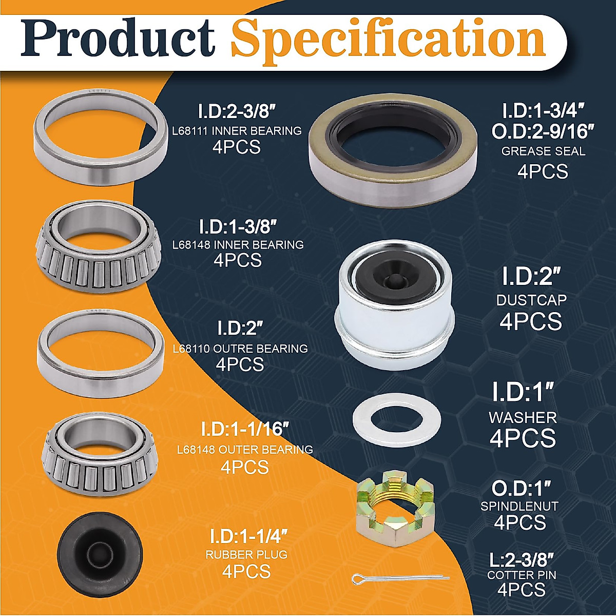 4 Sets Boat Trailer Axle Bearing Kits, L68149/L44649 Grease Seal 171255TB 10-19 I.D. 1.719'' for #84 Spindle 3500 LB Trailer Axles