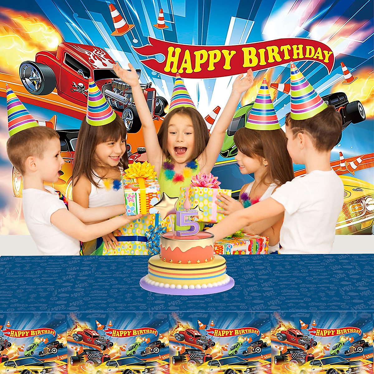Hot Race Car Themed Party Decorations, Car Wheel Birthday Party Supplies Include Plastic Table Covers(42.5x70.8inch) and Photography Backdrop(59x39inch) for Kids Truck Party Favors