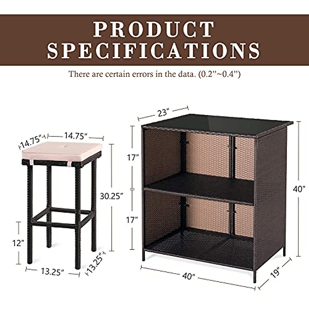 Oakmont Outdoor Bar Set 3-Piece Brown Wicker Patio Furniture - Glass Bar and Two Stools with Cushions for Patios, Backyards, Porch, Gardens or Poolside