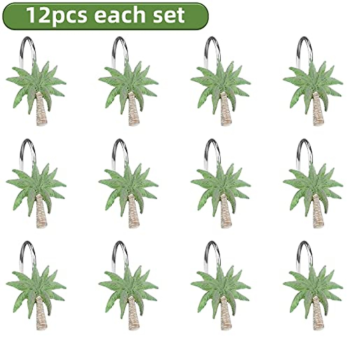 VEGA U Palm Tree Decorative Shower Curtain Hooks for Bathroom, Summer Tropic Themed Resin Bath Decor Rings, Set of 12 (Green)