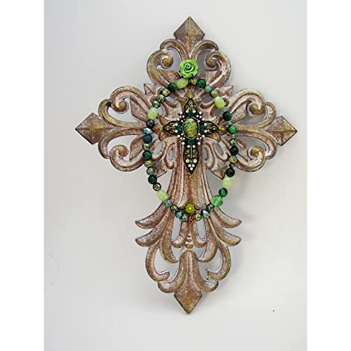Upscaled Green ROSE Beaded WALL CROSS Decor, Wood Hand Beaded Cross, Office home church cross, upscaled religious art, Christian gift