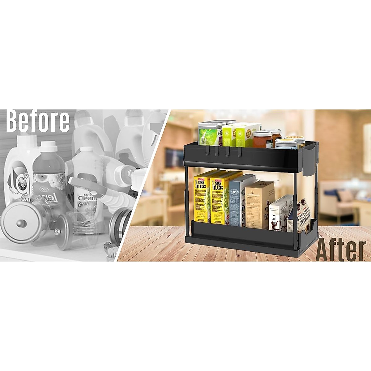 Chiaamo, Under Sink Organizers and Storage 2-Tier Sliding Shelf, 1 Sliding Organizer for countertop or Under The Sink with 4 Telescopic Tubes That Allows You to Adjust The Height to Your Need.