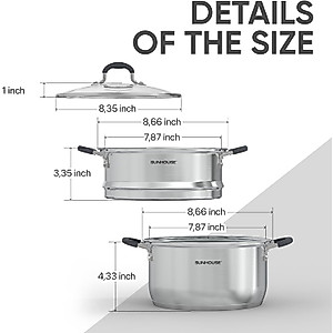 SUNHOUSE 3.3 Quart Steamer Pots With Lid 2-Tier Multipurpose Stainless Steel Steaming Pot Cookware For Vegetable, Dumpling, Sauce, Food - Triple Bottom, Measurement Line