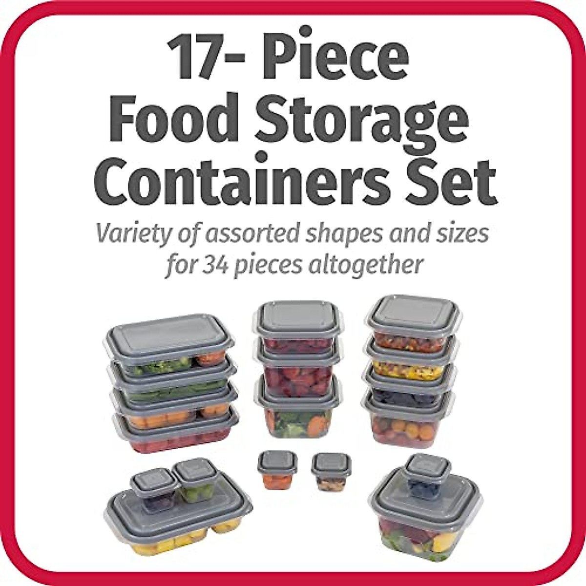 GoodCook EveryWare Set of 17 BPA-Free Plastic Food Storage Containers with Lids (34 Pieces Total), Clear/Grey